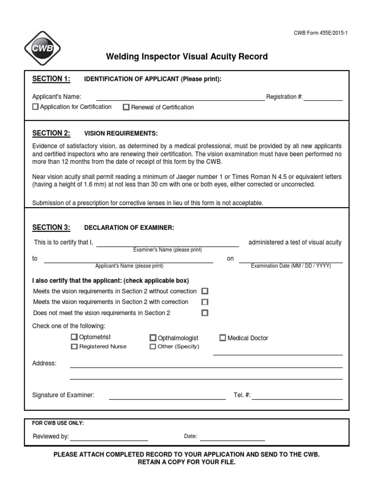 0455 - Welding Inspector Visual Acuity Record | PDF