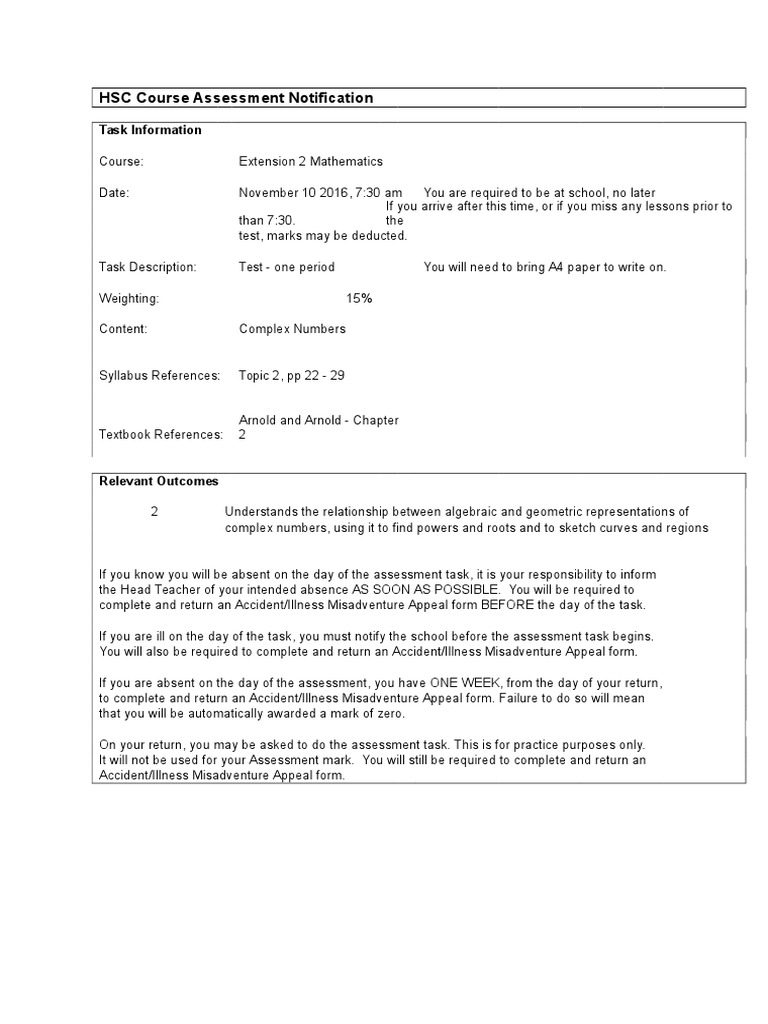 HSC Course Assessment Notification-4u-Complex Numbers | PDF | Teaching ...