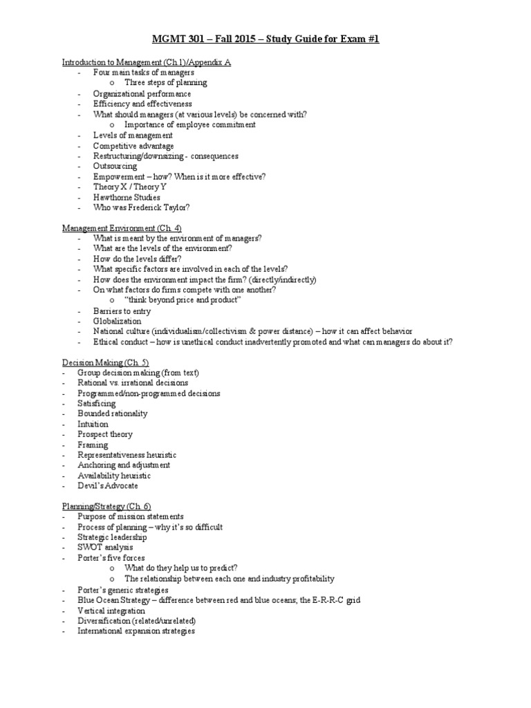 MGMT 301 - Fall 2015 - Study Guide For Exam #1 | PDF
