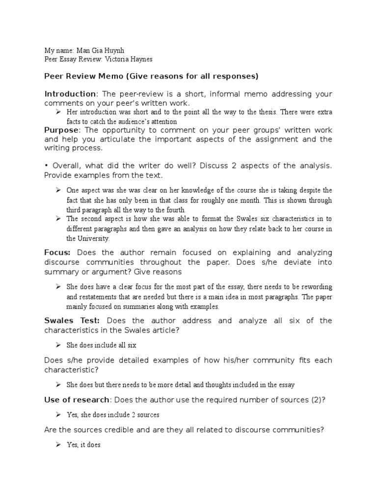 Peer Review Memo - Discourse Communities 1 1 | PDF