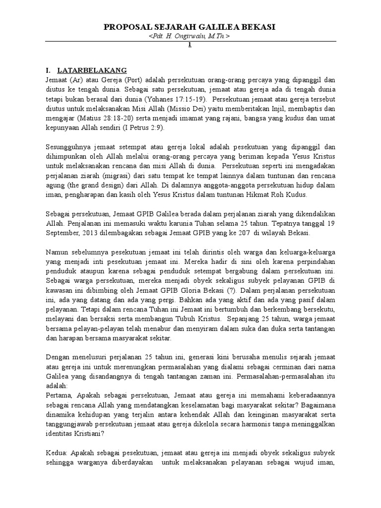 Proposal Sejarah Galilea Bekasi - 27.8.2016 | PDF