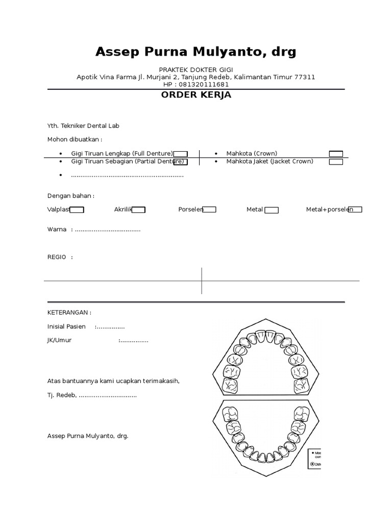 Format Rujukan Ke Tekniker Dental Lab | PDF