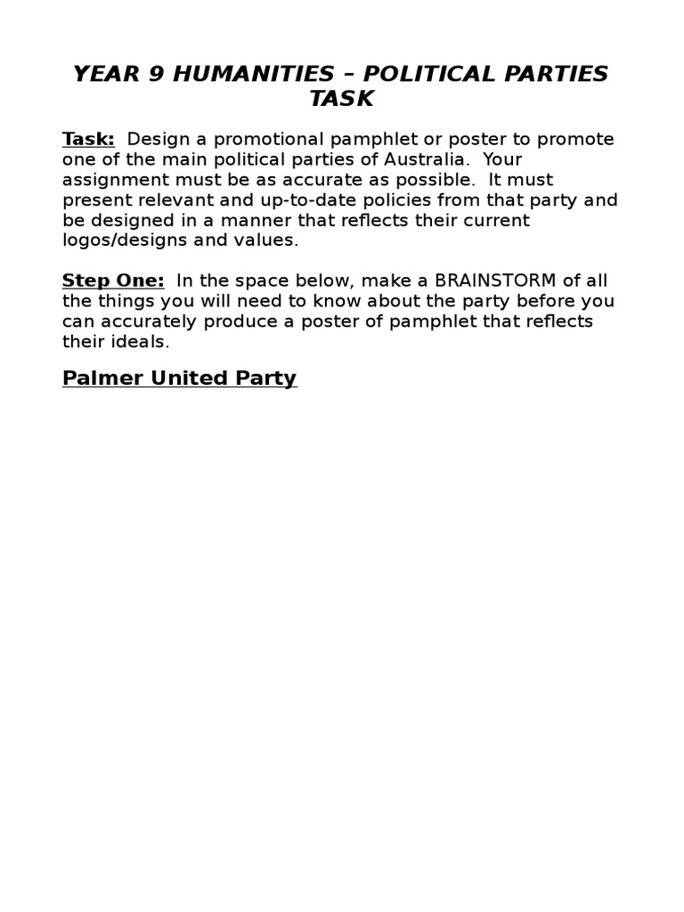 Year 9 Humanities - Political Parties Task: Palmer United Party | PDF ...