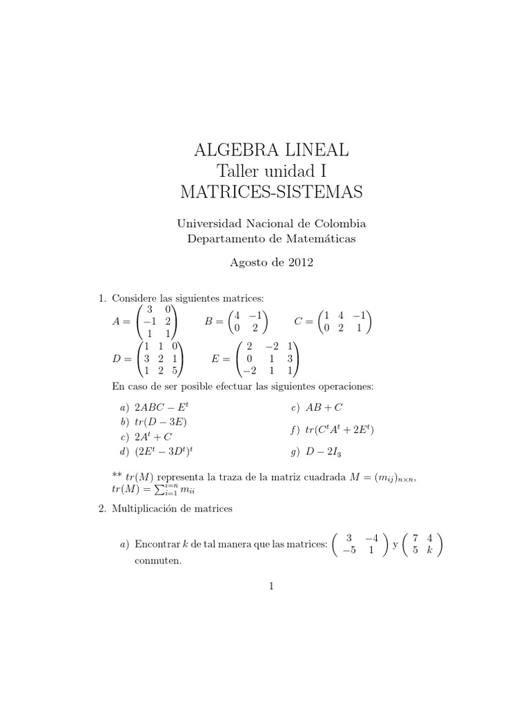Taller de Álgebra Lineal: Matrices y Operaciones | PDF | Matriz ...