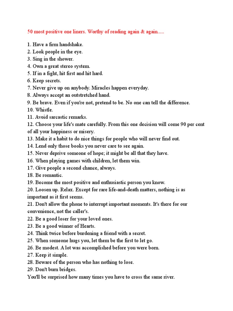 50 Positive One Liners for Life | PDF | Art | Poetry