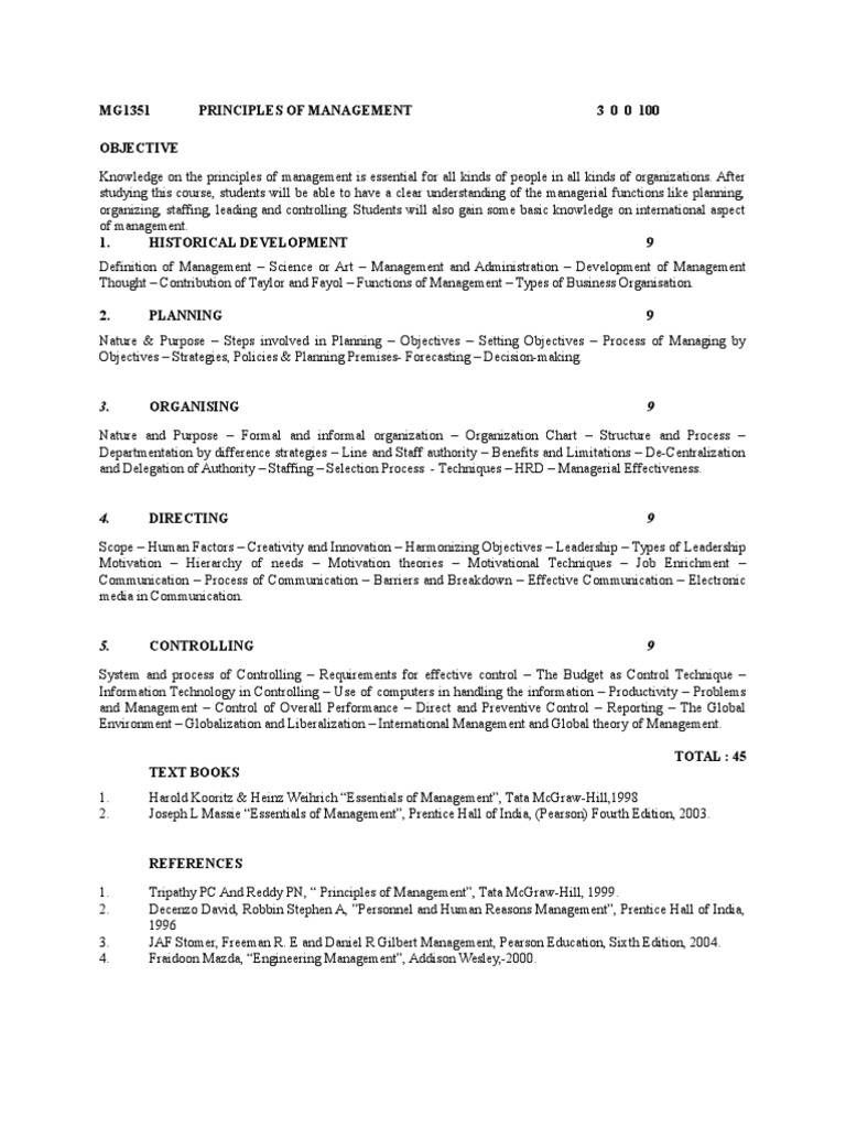 Principles of Management-Syllabus | PDF | Leadership | Cognition