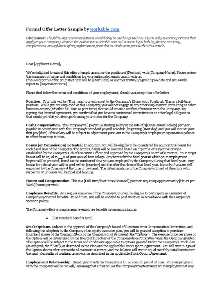 Formal Offer Letter Sample | PDF | Executive Compensation | Employment