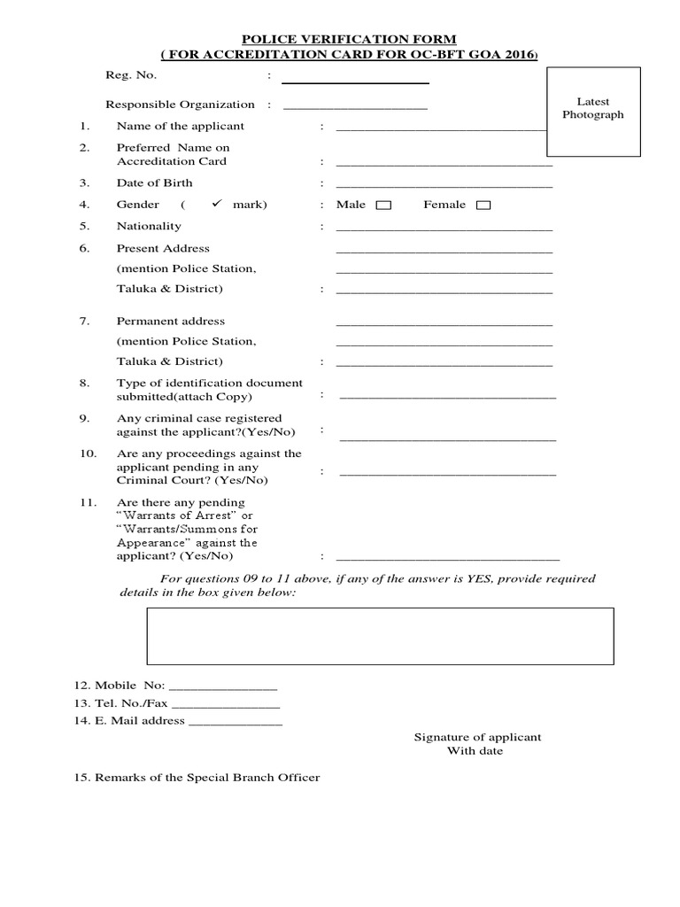 Police Verification Form (For Accreditation Card For Oc-Bft Goa 2016 | PDF