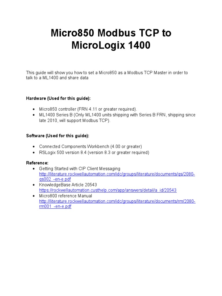 Micro850 Modbus TCP To Micrologix 1400 | PDF | Internet Protocols ...