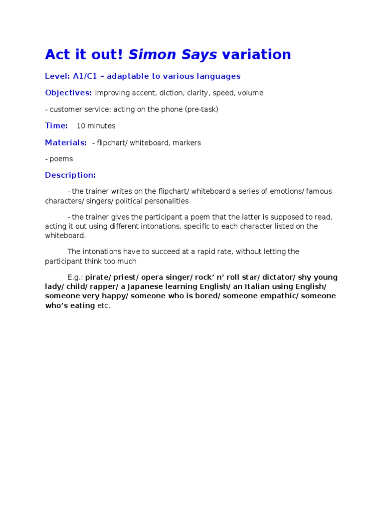 Act It Out! Simon Says Variation: Level: A1/C1 - Adaptable To Various ...
