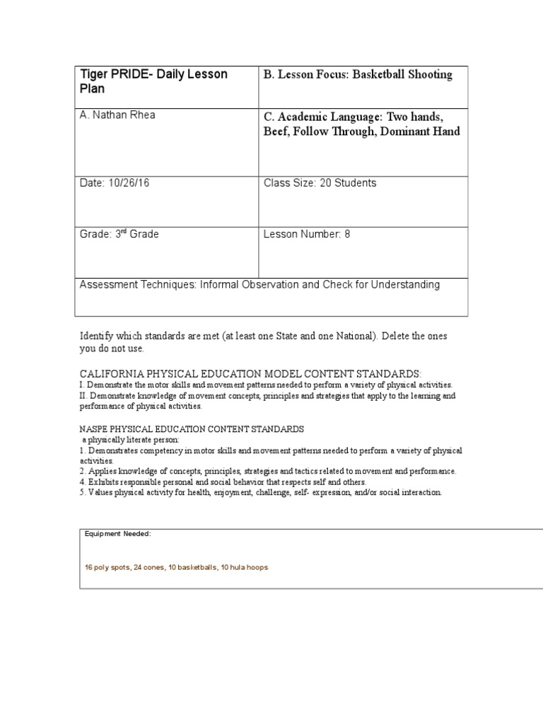 Tiger PRIDE-Daily Lesson Plan B. Lesson Focus: Basketball Shooting ...