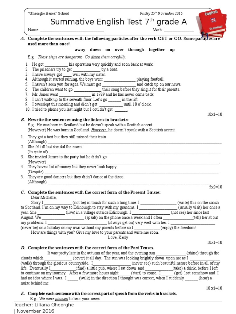 Summative English Test: Particle Verbs, Linkers, Tenses and Other ...