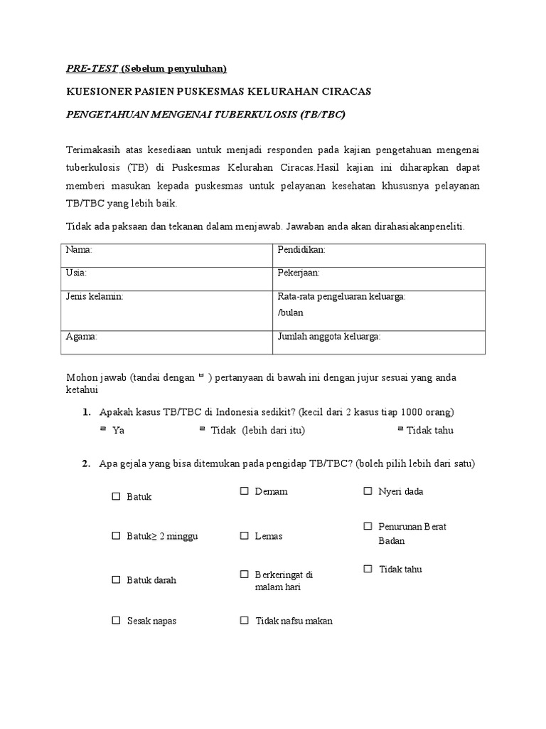 Kuesioner TB Sudah Valid Pre Test | PDF