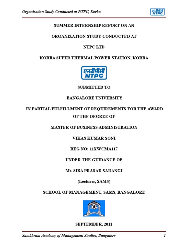 Organization Study Conducted at NTPC, Korba | PDF | Steam | World ...