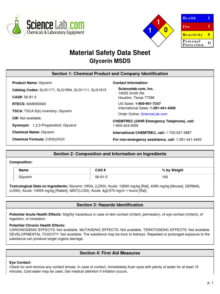 Msds Glycerine Oil PDF | PDF | Toxicity | Explosive Material