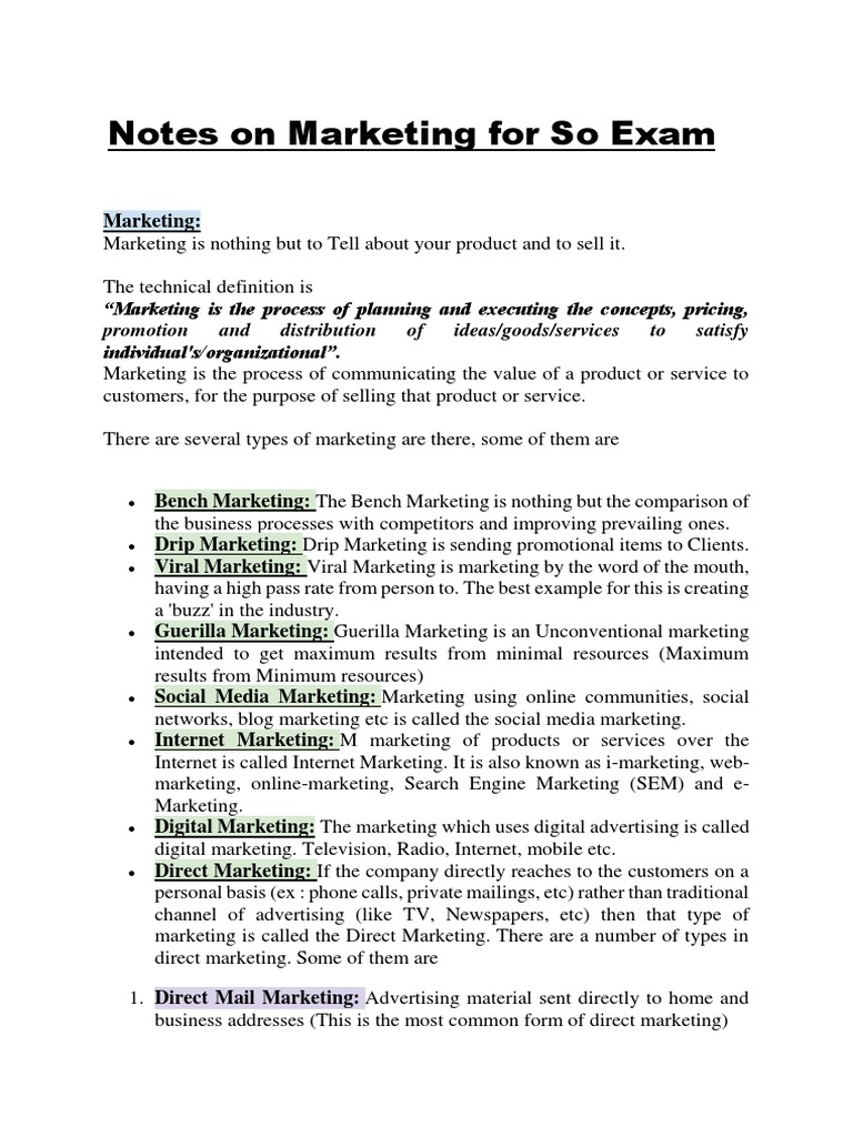 Notes On Marketing For So Exam2016 | PDF | Direct Marketing | Sales