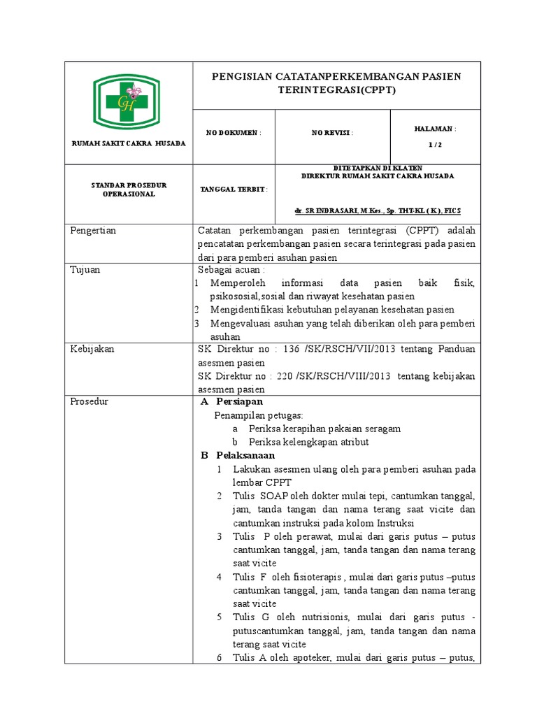 Pengisian Catatanperkembangan Pasien Terintegrasi (CPPT) | PDF