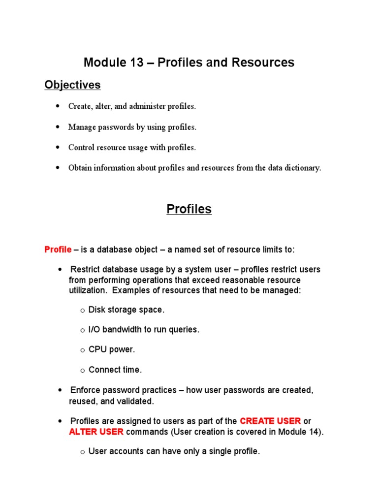 Module 13 - Profiles and Resources | PDF | Oracle Database | Parameter ...