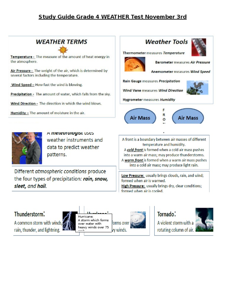 Study Guide Grade 4 Weather Test November 3rd | PDF