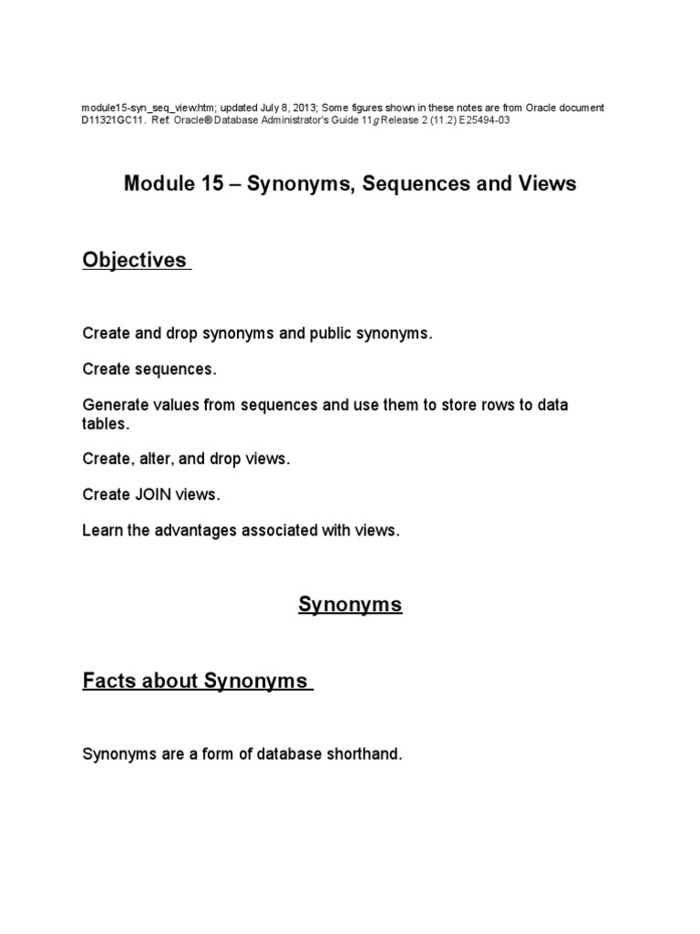 Module 15 - Synonyms, Sequences and Views | PDF