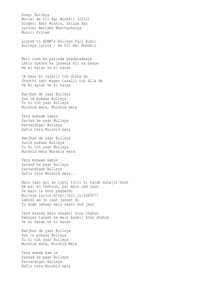 Bulleya Song Lyrics | PDF | Bollywood | Popular Music