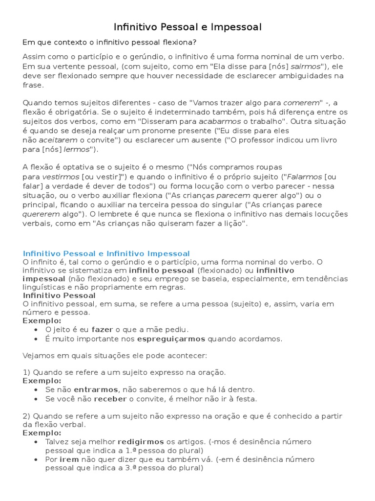 Infinitivo Pessoal Impessoal Ple | PDF | Assunto (gramática) | Pronome