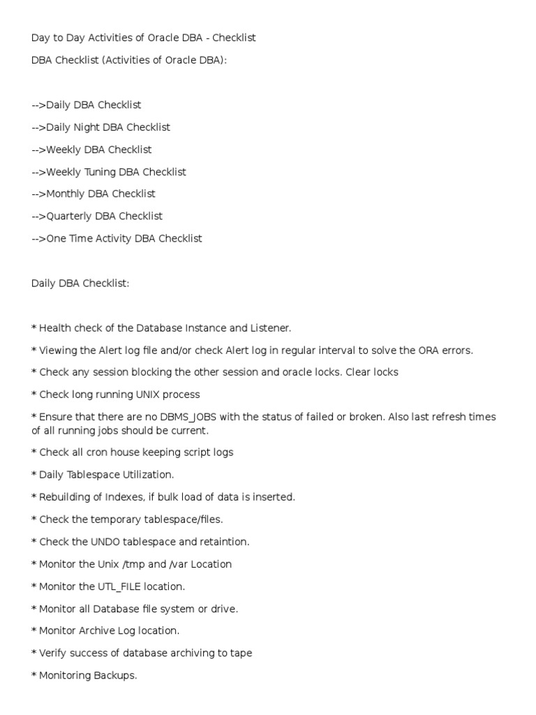 Day To Day Activities of Oracle DBA - Checklist | PDF | Database Index | Databases