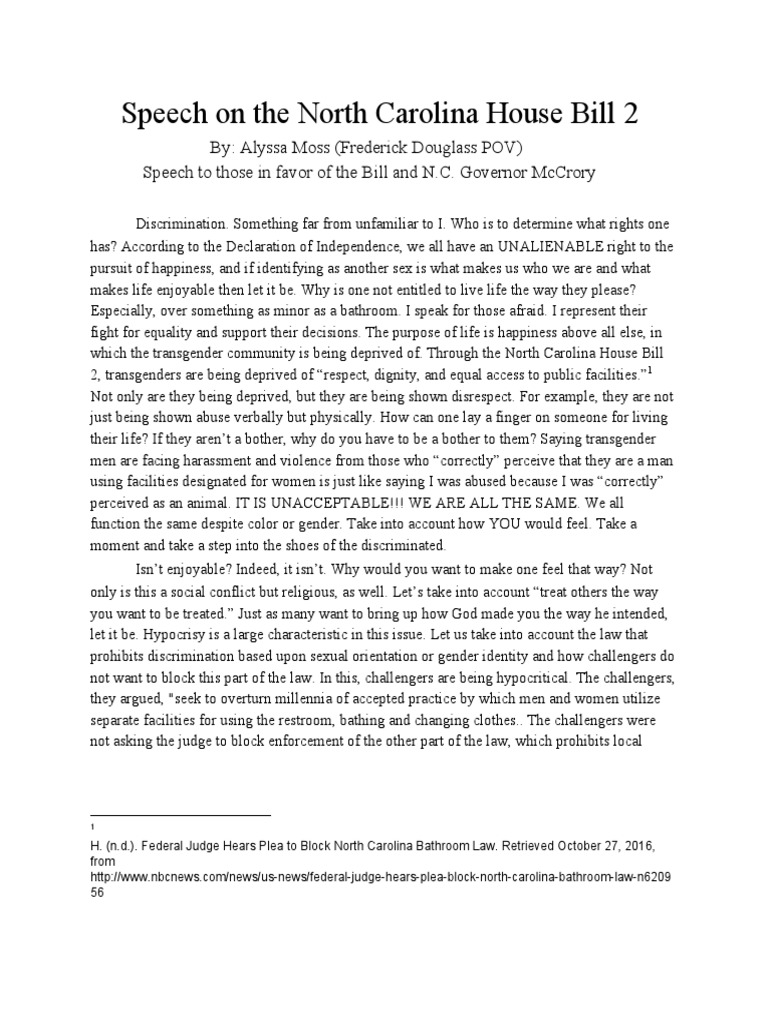 Speech On The North Carolina House Bill 2 | PDF | Gender Equality ...