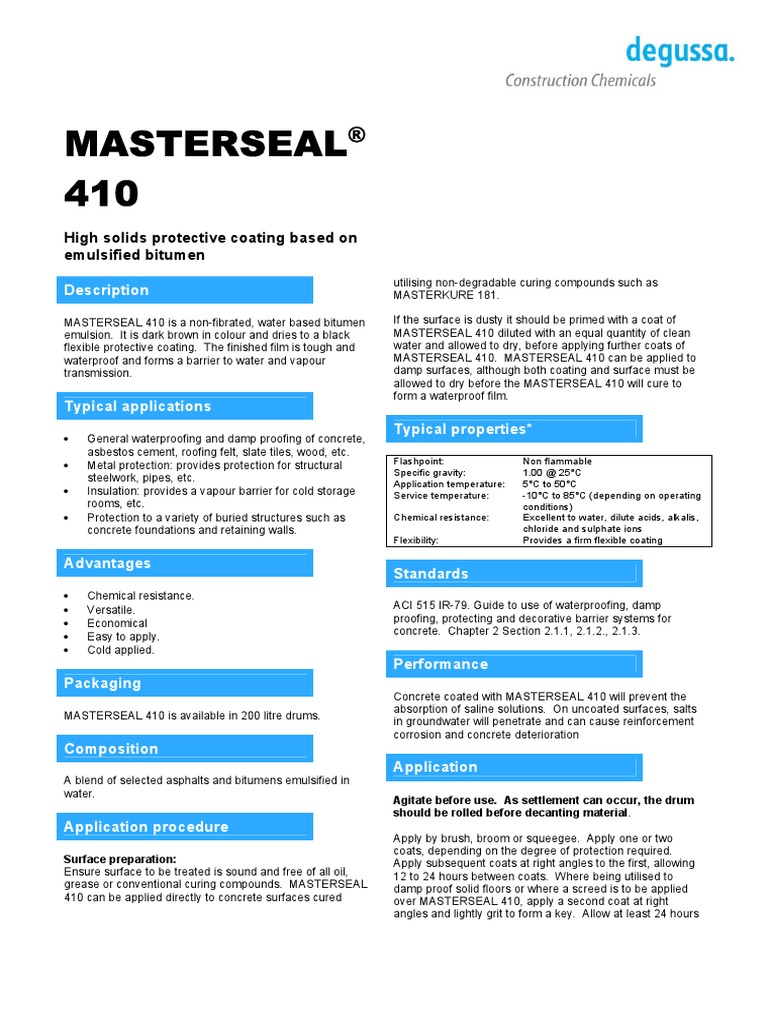 TDS - Masterseal 410 | PDF | Asphalt | Concrete
