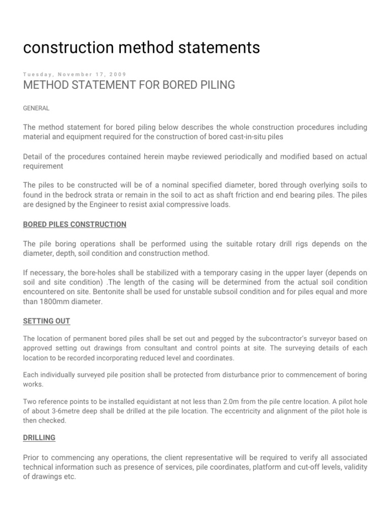 Construction Method Statements - Method Statement For Bored Piling | PDF