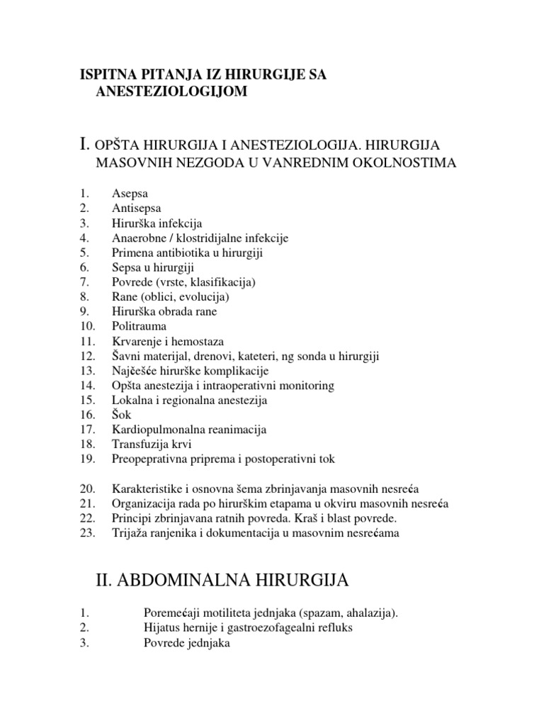 Ispitna Pitanja Hirurgija PDF | PDF