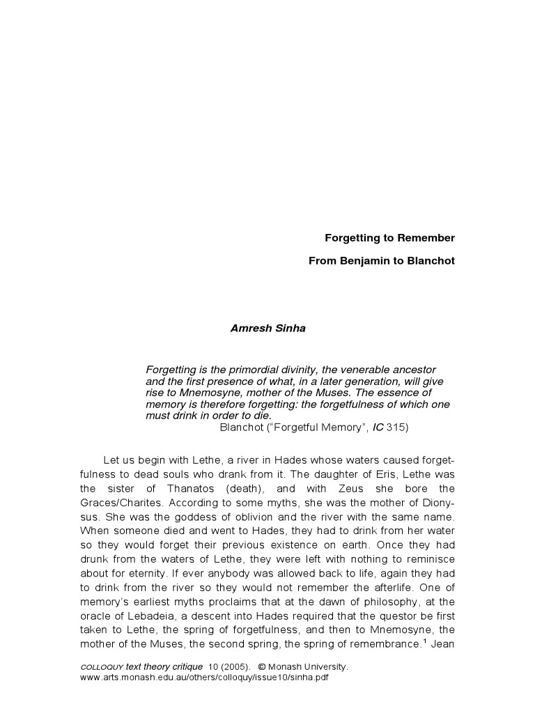 Forgetting To Remember: From Benjamin To Blanchot | PDF | Memory | Martin Heidegger