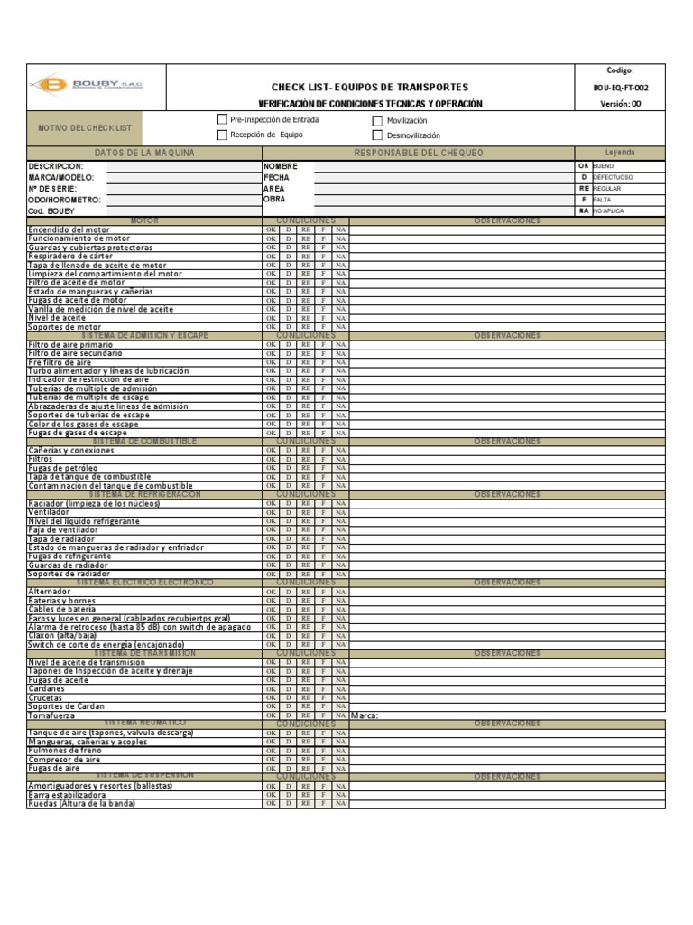 Mejorado - Formatos de Check List de Ingreso Pesados y Livianos PDF ...