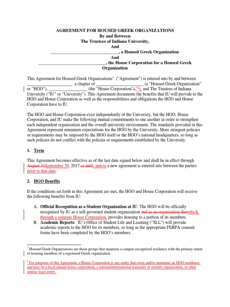 Agreement Between Indiana University-Bloomington and Greek House ...