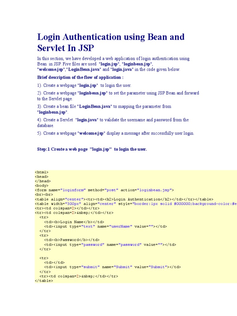 Login Authentication Using Bean and Servlet in JSP | PDF | Java Server ...
