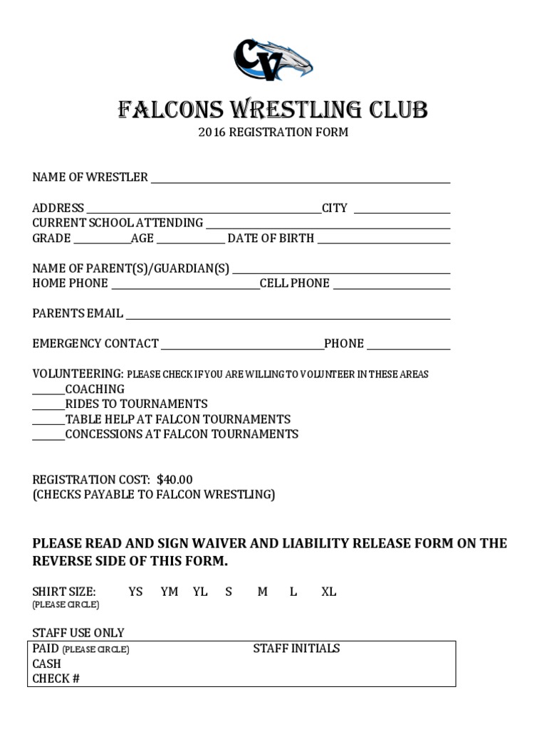 Falcon Wrestling Registration Form | PDF | Negligence | Government ...