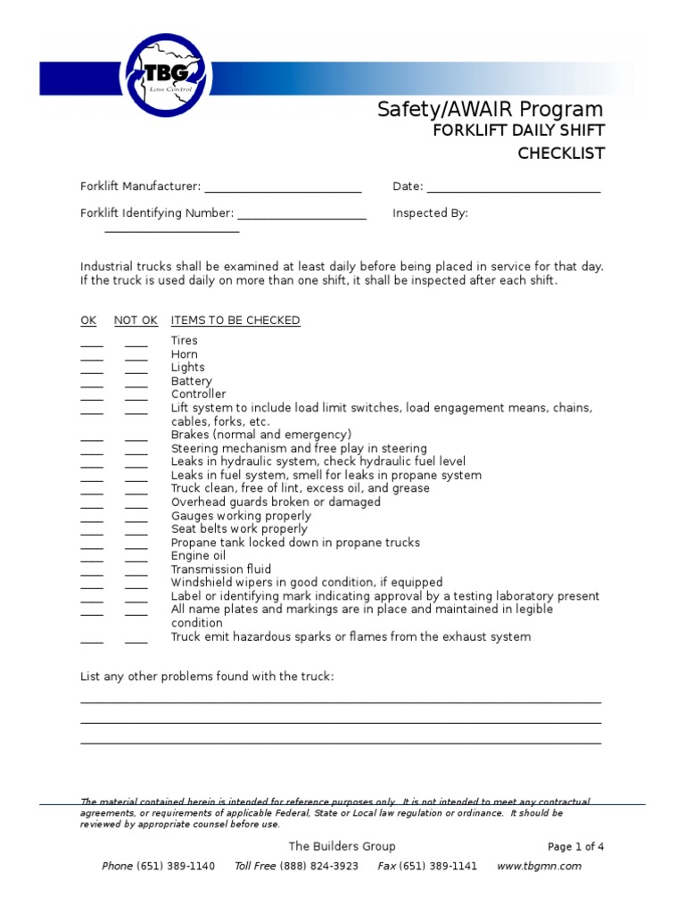 Daily Forklift Inspection Checklist | PDF | Forklift | Truck