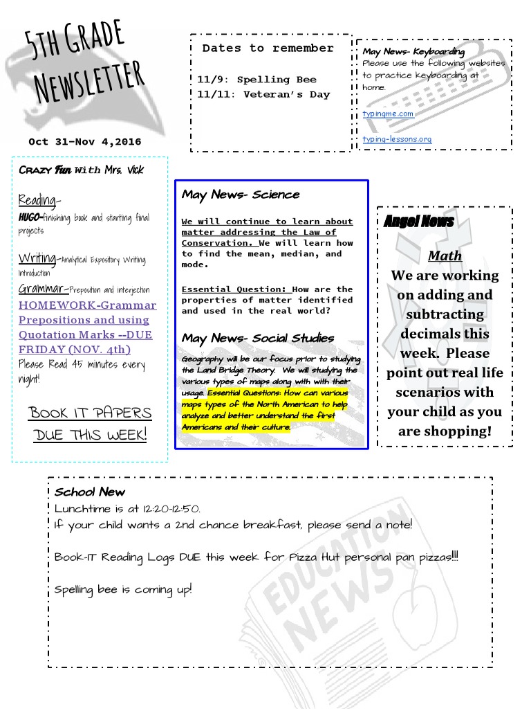 5th Grade Newsletter: Key Updates & Homework | PDF | Foreign Language ...
