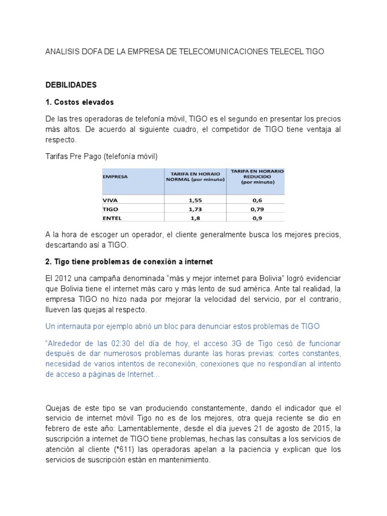 Analisis Dofa de La Empresa de Telecomunicaciones Telecel Tigo | PDF ...