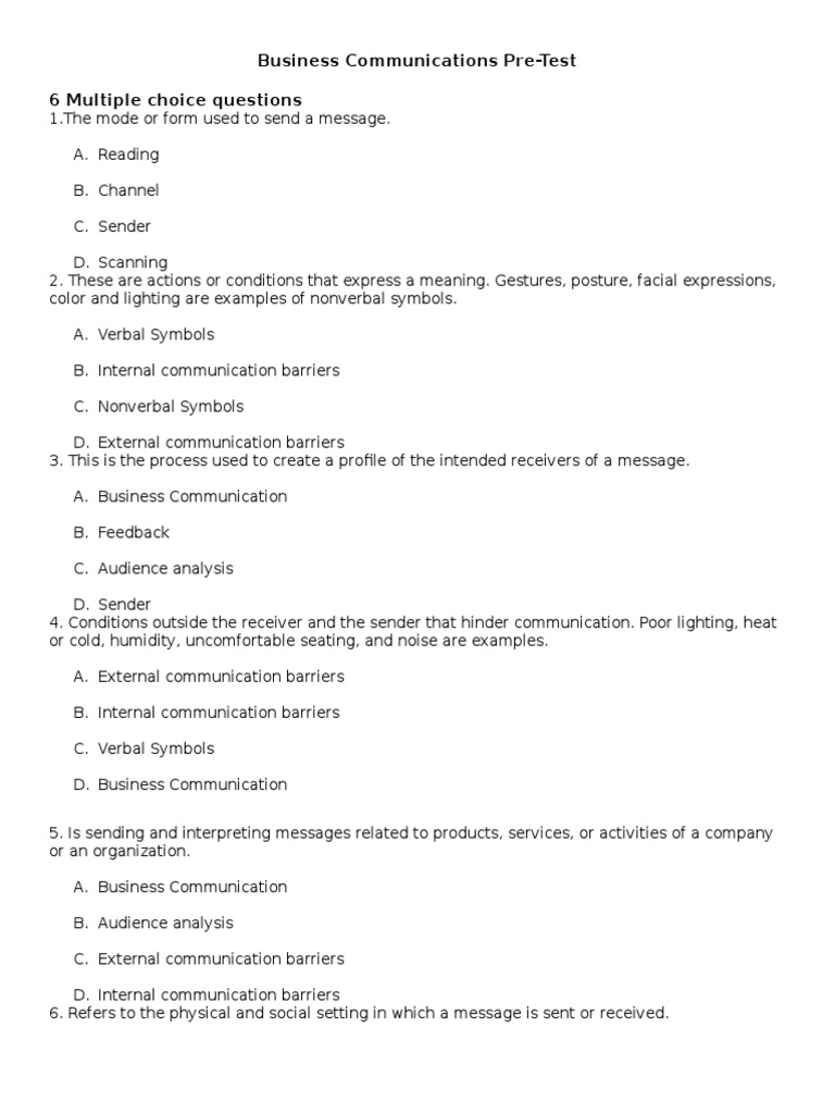 Business Communications Pre-Test 6 Multiple Choice Questions | PDF