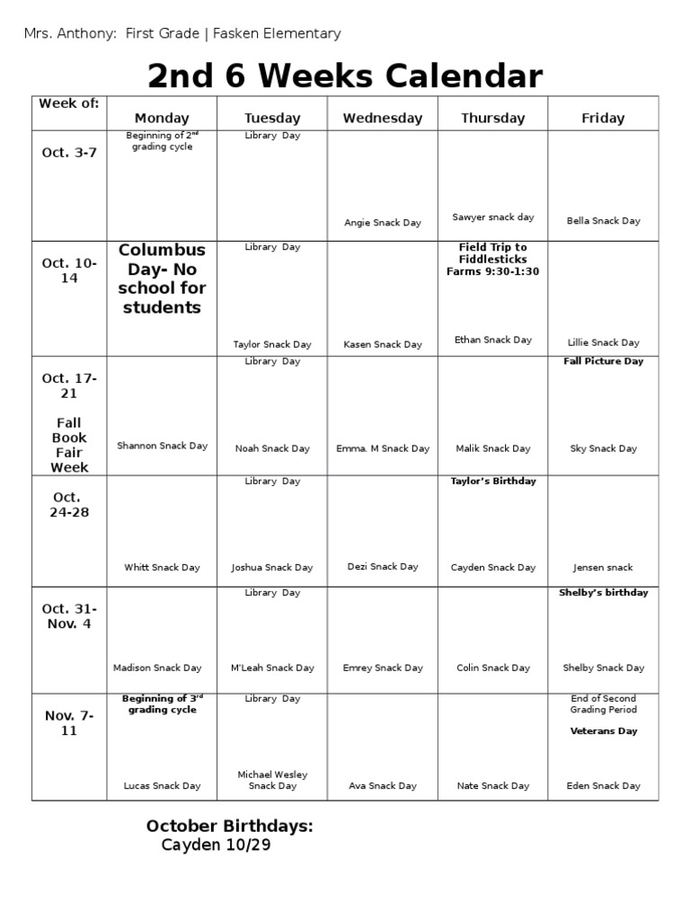 2nd 6 Weeks Calendar | PDF