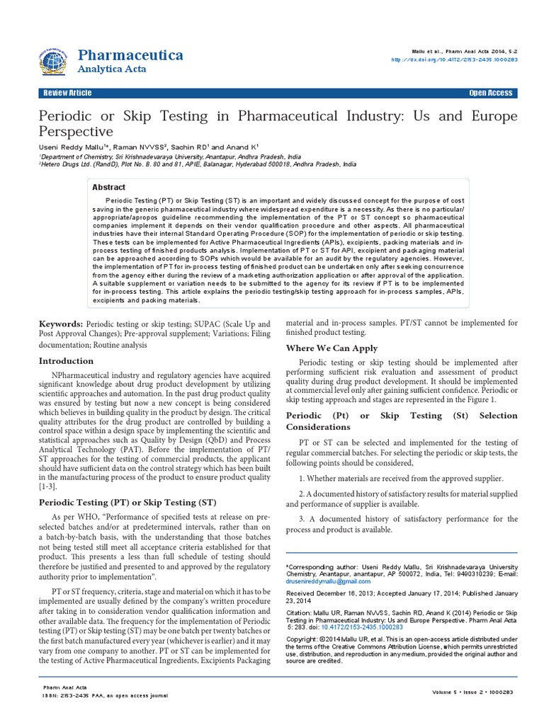 Periodic or Skip Testing in Pharmaceutical Industry Us and Europe ...