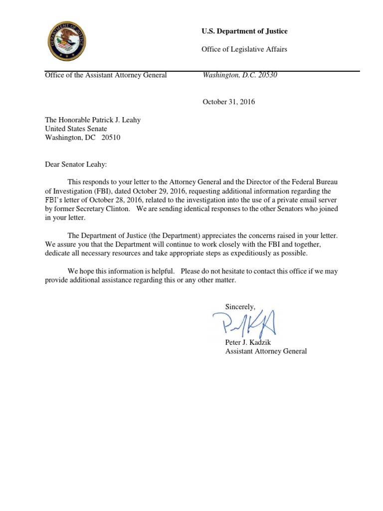 Read the Letter the Justice Department Sent To | Federal Bureau Of ...