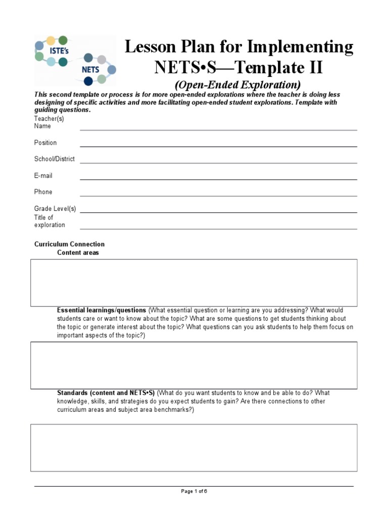 Lesson Plan For Implementing NETS - S-Template II: (Open-Ended ...