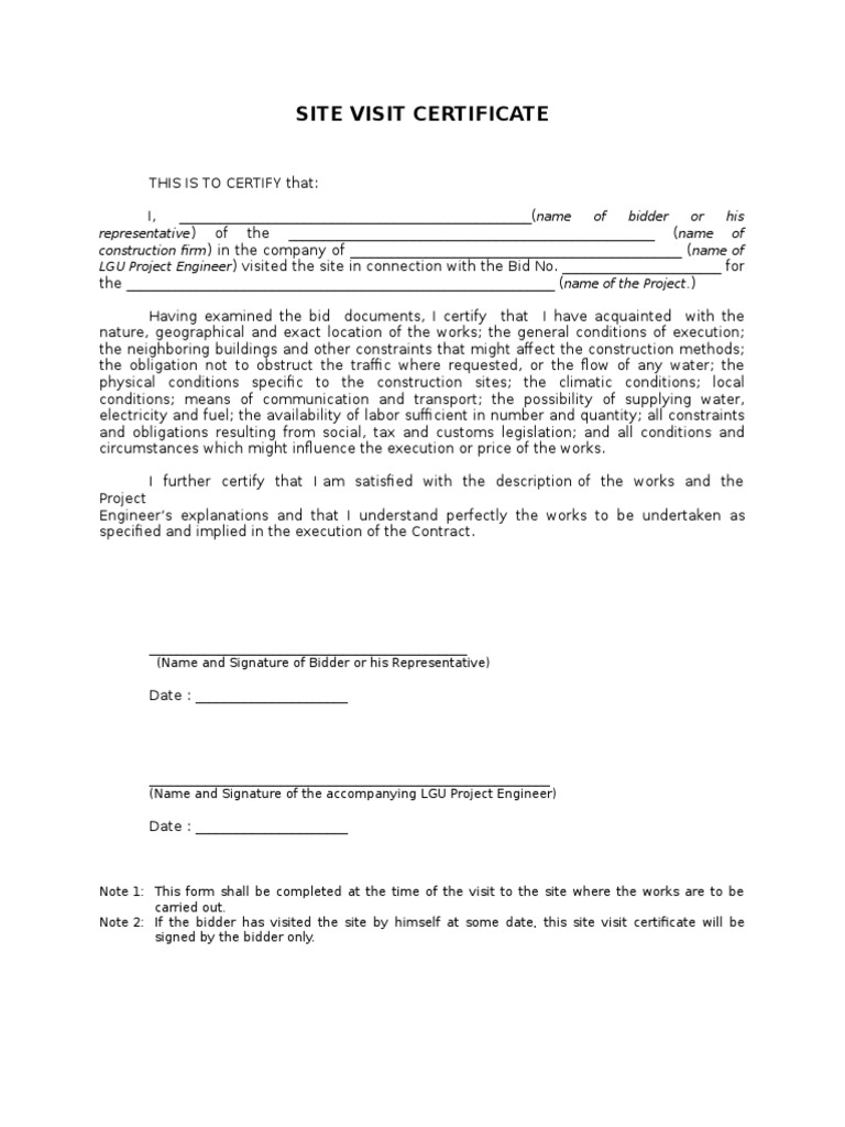 Site Visit Certificate | PDF