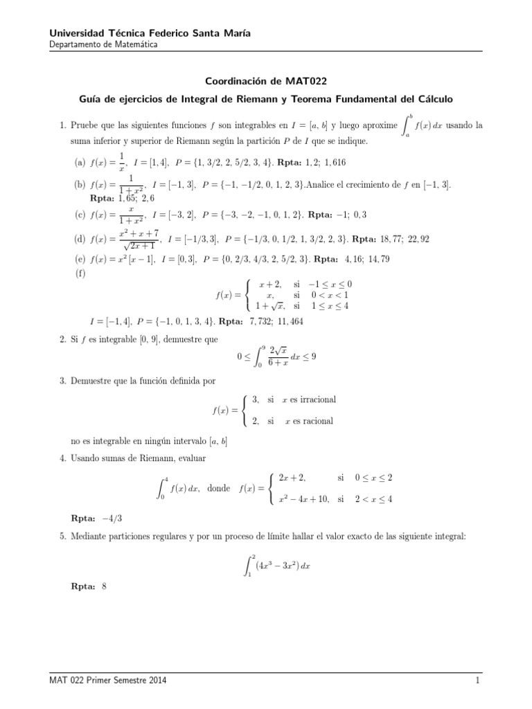 Guía 4 Integral de Riemann y Teorema Fundamental del calculo | PDF ...