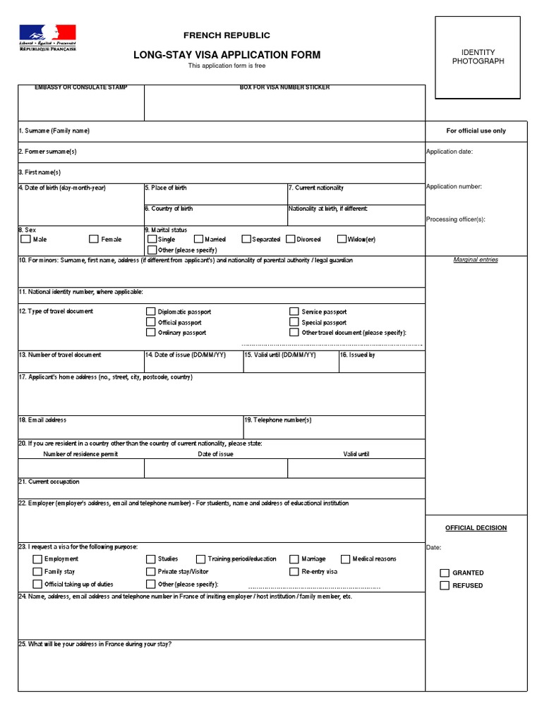Long-Stay Visa Application Form: French Republic | PDF | Travel Visa ...
