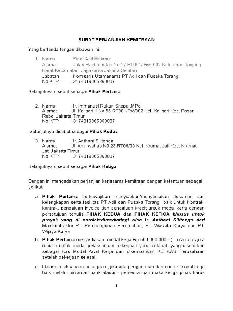 CTH Surat Perjanjian Kemitraan Untuk Draft Notaris | PDF
