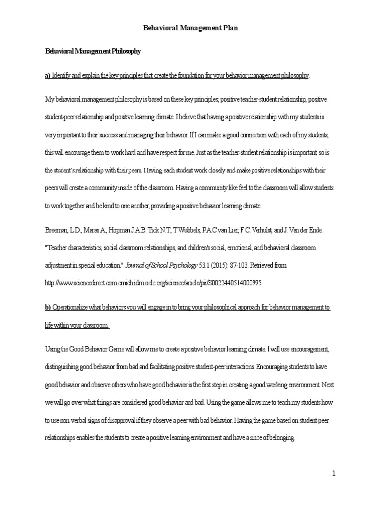 Behavioral Management Plan | PDF | Behavior | Classroom