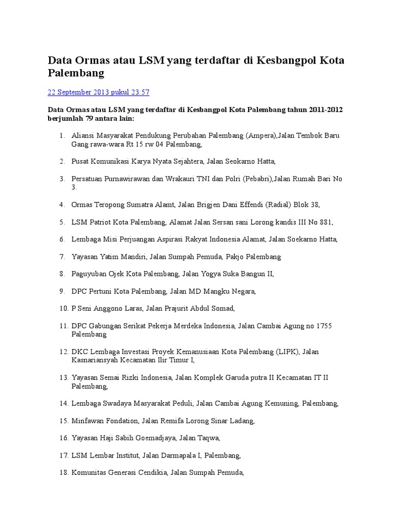 Data Ormas Atau LSM Yang Terdaftar Di Kesbangpol Kota Palembang | PDF